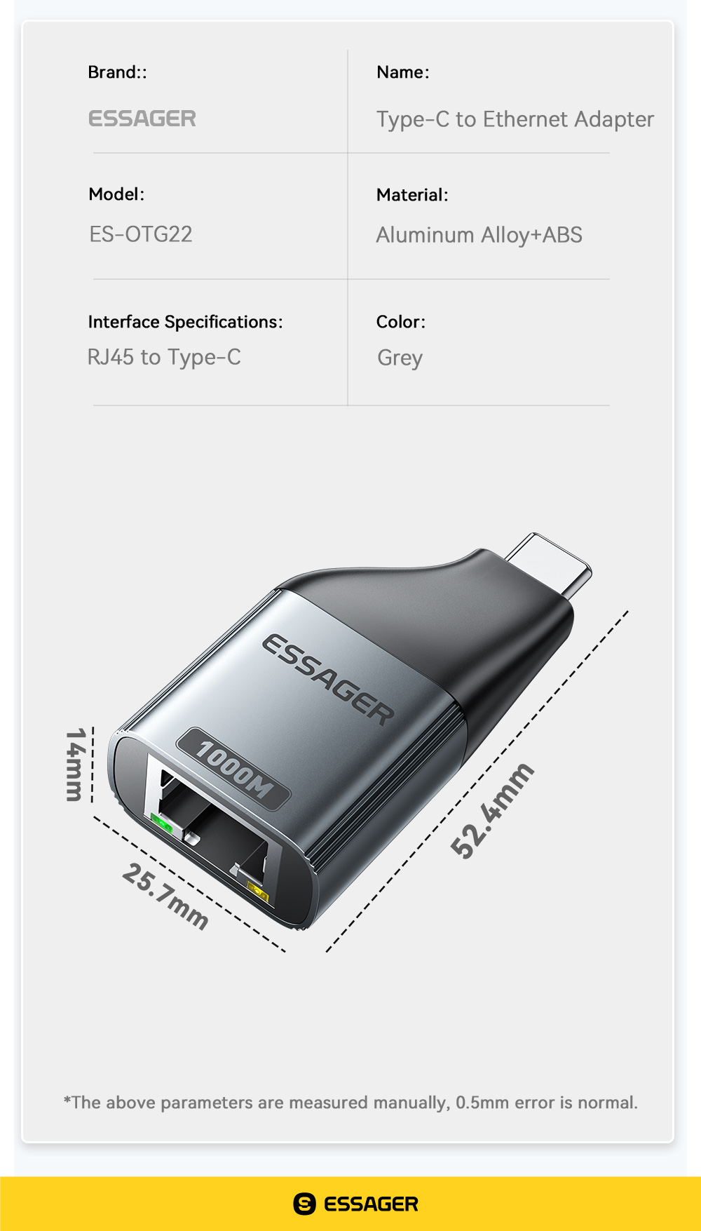 Essager Ethernet Adapter Type C To 100m 1000m Network Adapter For