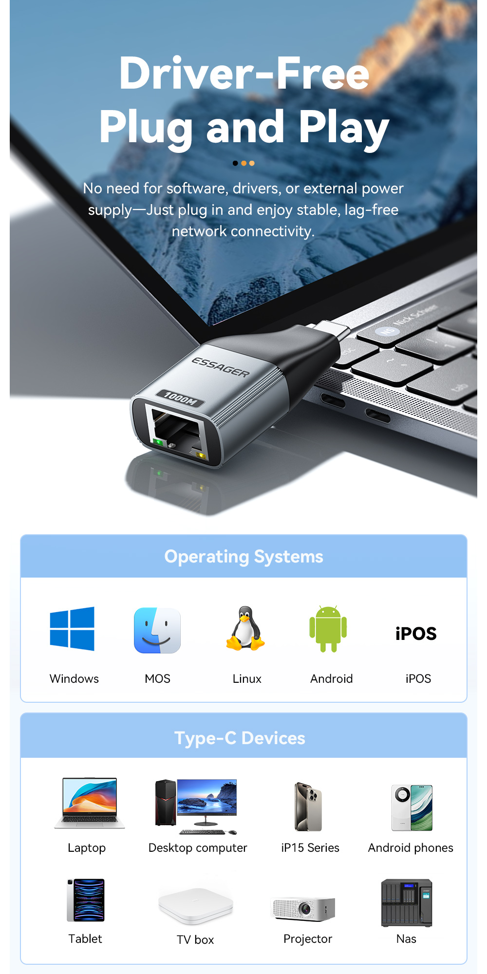 Essager Ethernet Adapter Type C To 100m 1000m Network Adapter For