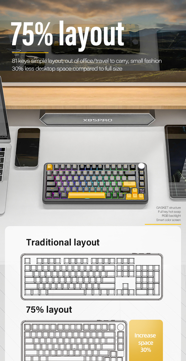 Attack Shark X85/X85PRO 3 Mode 2.4G/USB/Bluetooth Wireless Keyboard Mechanical Keyboard 80 Keys ...