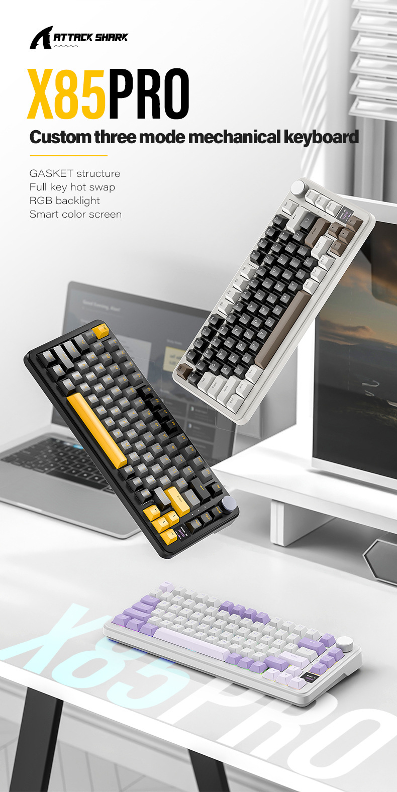 Attack Shark X85PRO 3 Mode 2.4G/USB/Bluetooth Wireless Keyboard ...