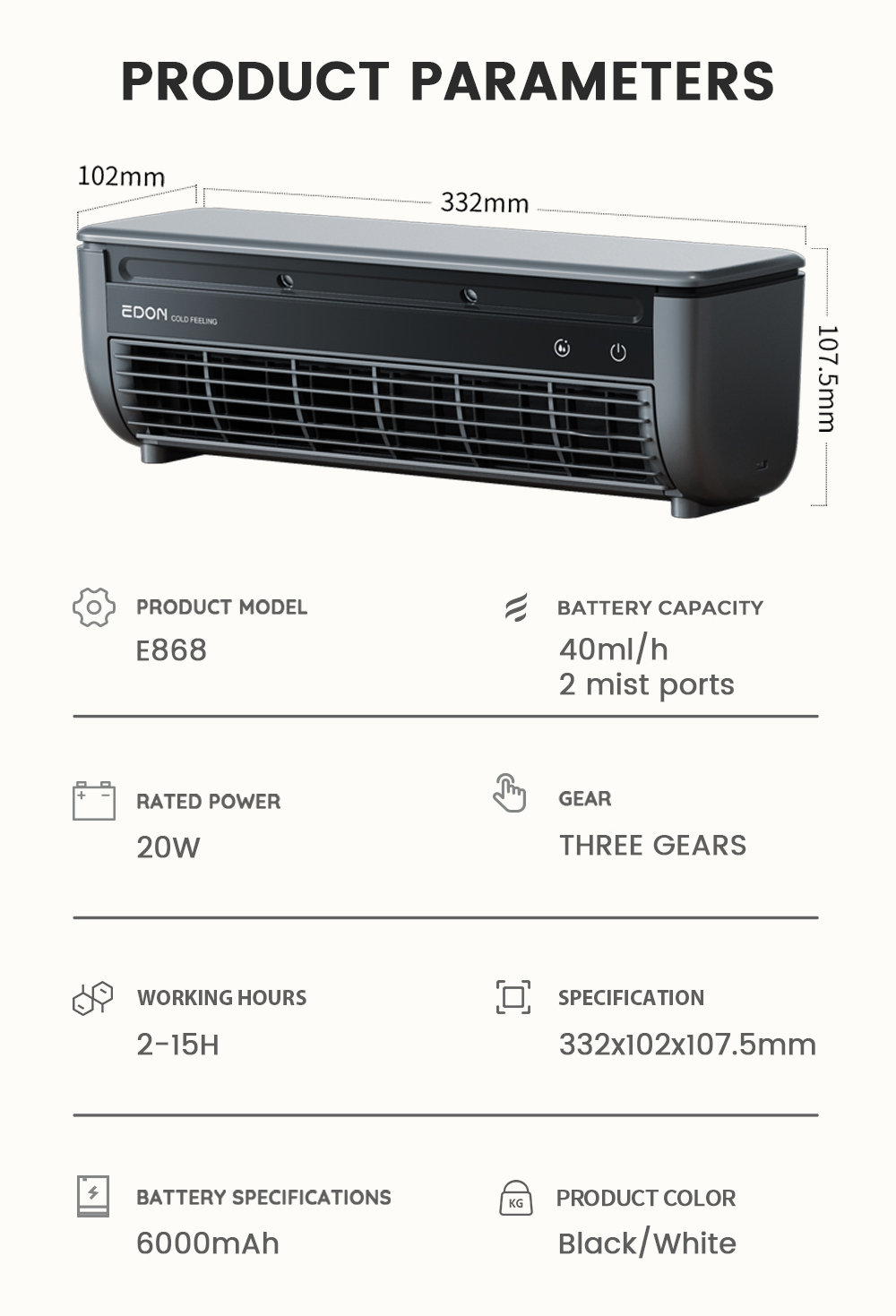 Edon E868 Wall-Mounted Air Cooling Fan 20W Power Rechargeable Portable Air Conditioner 30S Quick ...