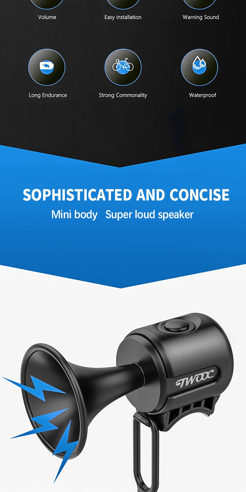 TWOOC Bicycle Electronic Horn Loud Warning Sound CR2032 Battery 120dB ...