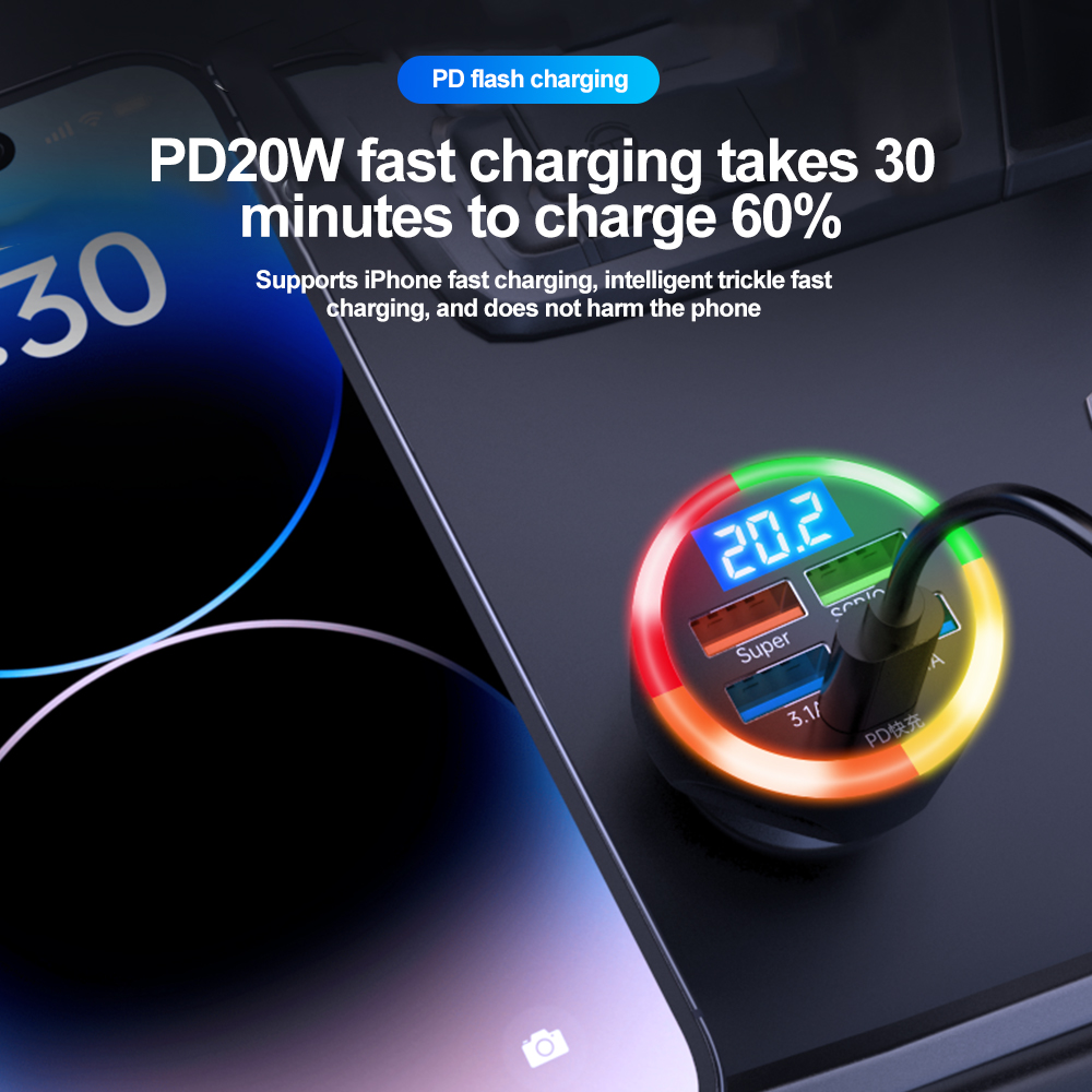 200W Car Charger 6 Ports Fast Charging with Digital Display PD QC3.0 ...