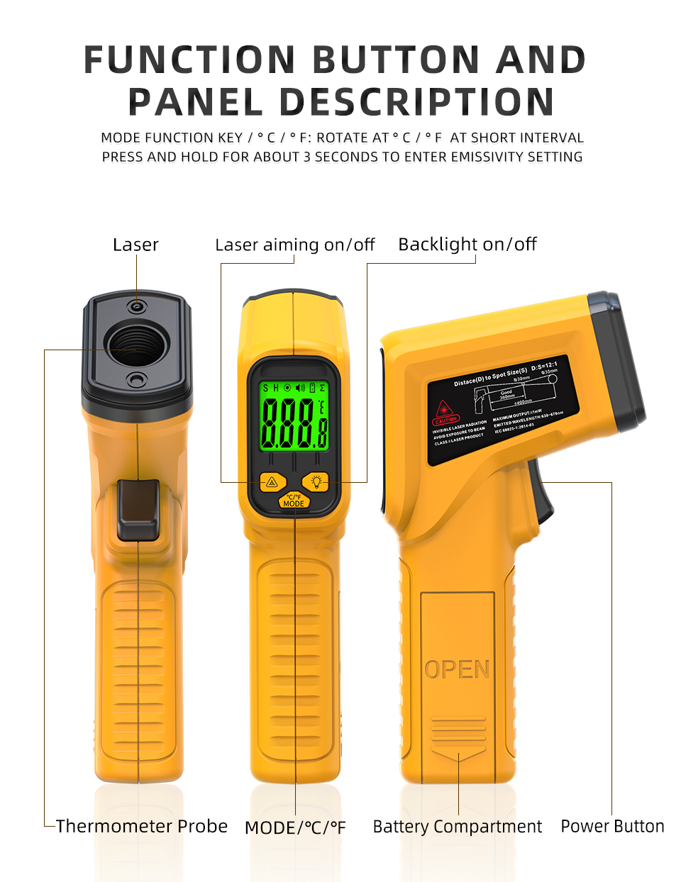 BSIDE Infrared Thermometer Digital Laser Non-Contact Temperature Meter ...