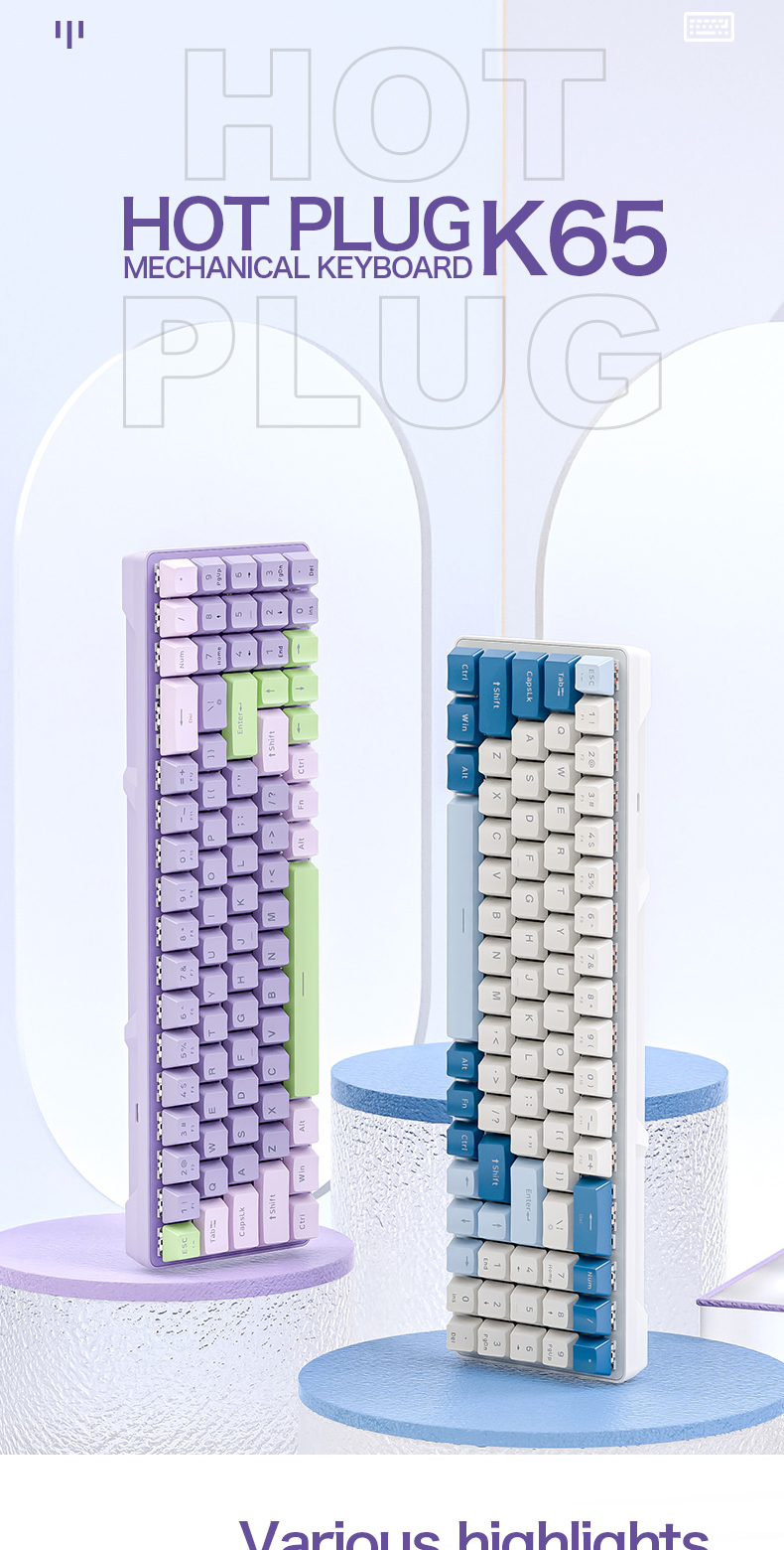 ZIYOULANG K65 Wired Mechancial Gaming Keyboard Hot Swappable RGB ...