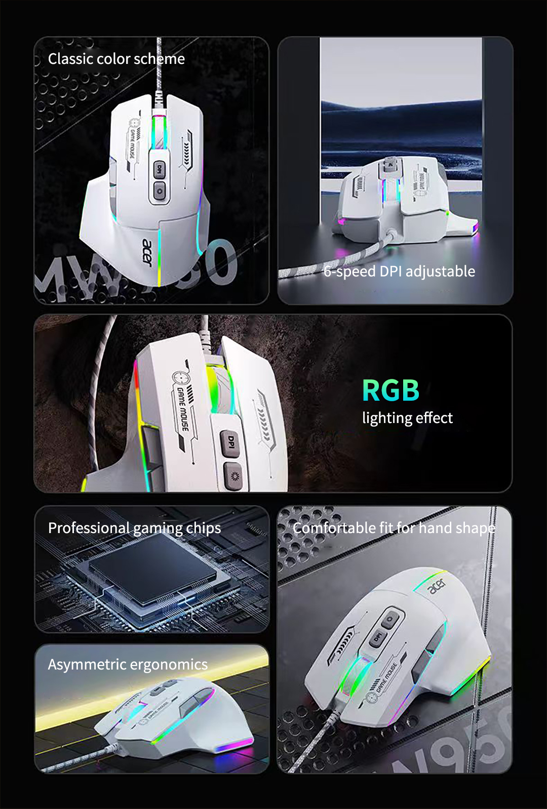 Acer OMW950 Wired Gaming Mouse With RGB Light Effect, 6 Speeds DPI ...