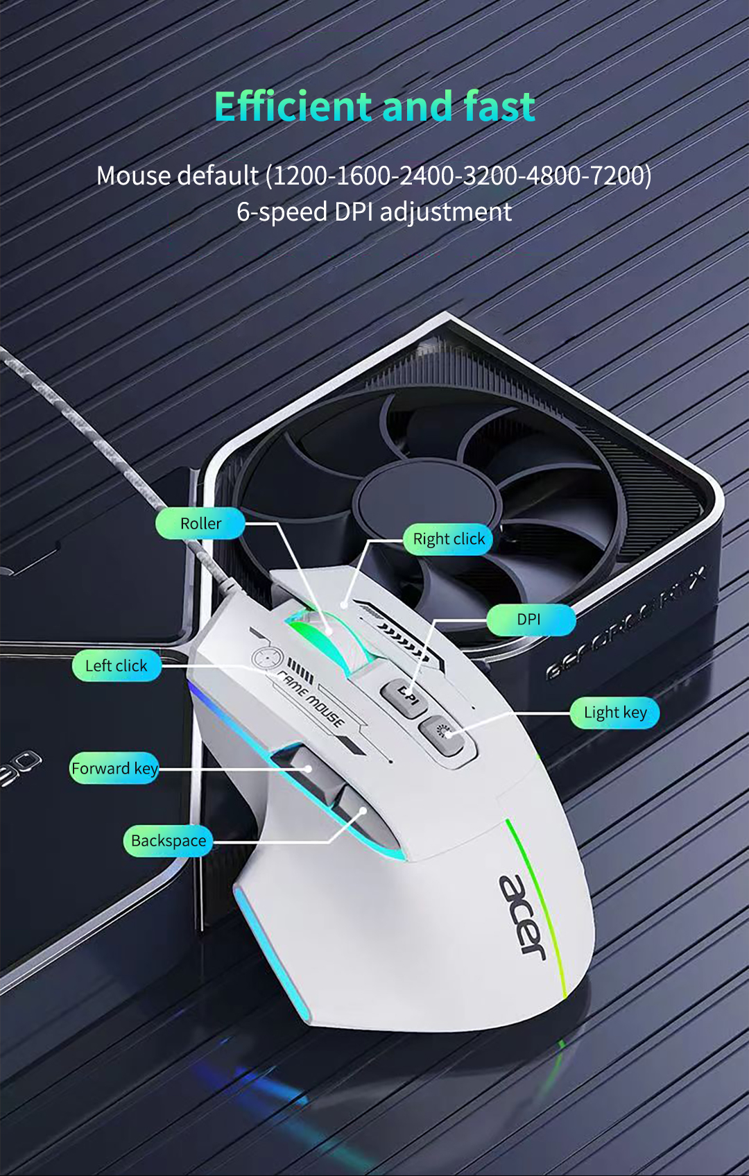 Acer OMW950 Wired Gaming Mouse With RGB Light Effect, 6 Speeds DPI ...