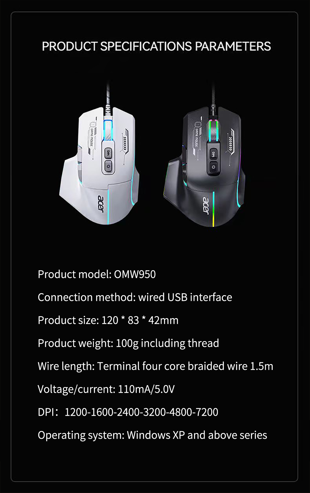 Acer OMW950 Wired Gaming Mouse With RGB Light Effect, 6 Speeds DPI ...