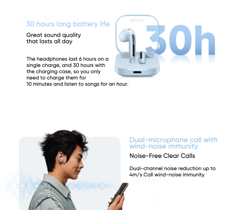 Xiaomi Redmi Buds 6 Active TWS Earphone Bluetooth 5.4 30h Long Battery ...