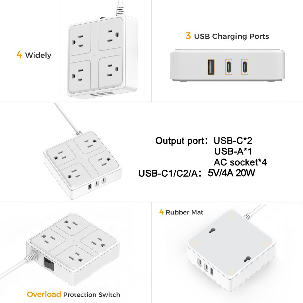 American Standard Power Socket with 4AC 1 USB 2Type-c Charging Port, 5V ...