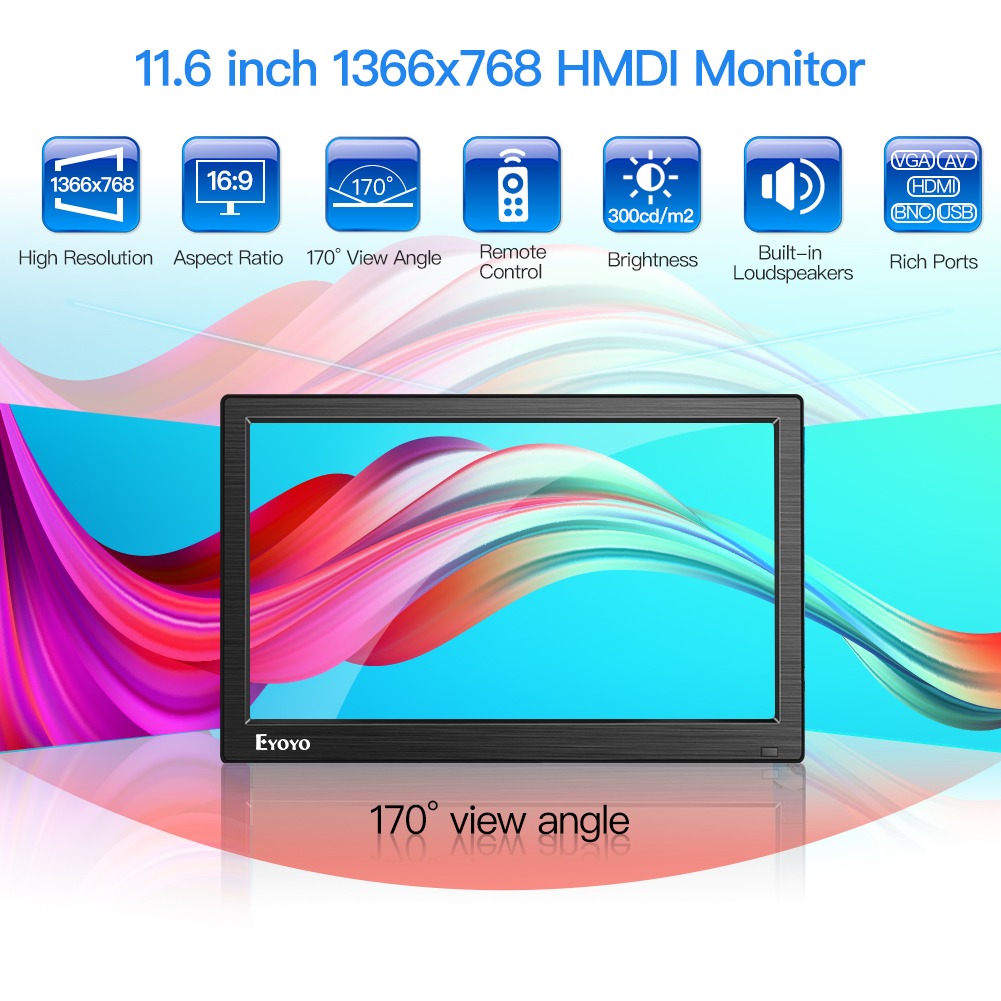 Eyoyo 12 Inch Portable Small HDMI LCD Monitor 1366x768 Support VGA BNC ...