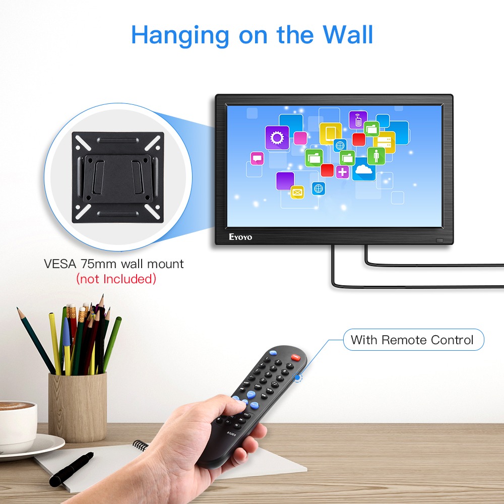 Eyoyo 12 Inch Portable Small HDMI LCD Monitor 1366x768 Support VGA BNC ...