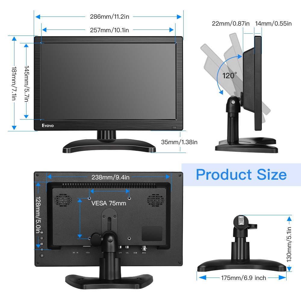 Eyoyo 12 Inch Portable Small HDMI LCD Monitor 1366x768 Support VGA BNC ...