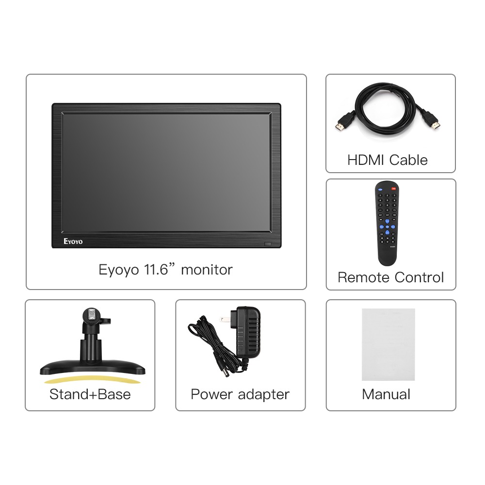 Eyoyo 12 Inch Portable Small HDMI LCD Monitor 1366x768 Support VGA BNC ...