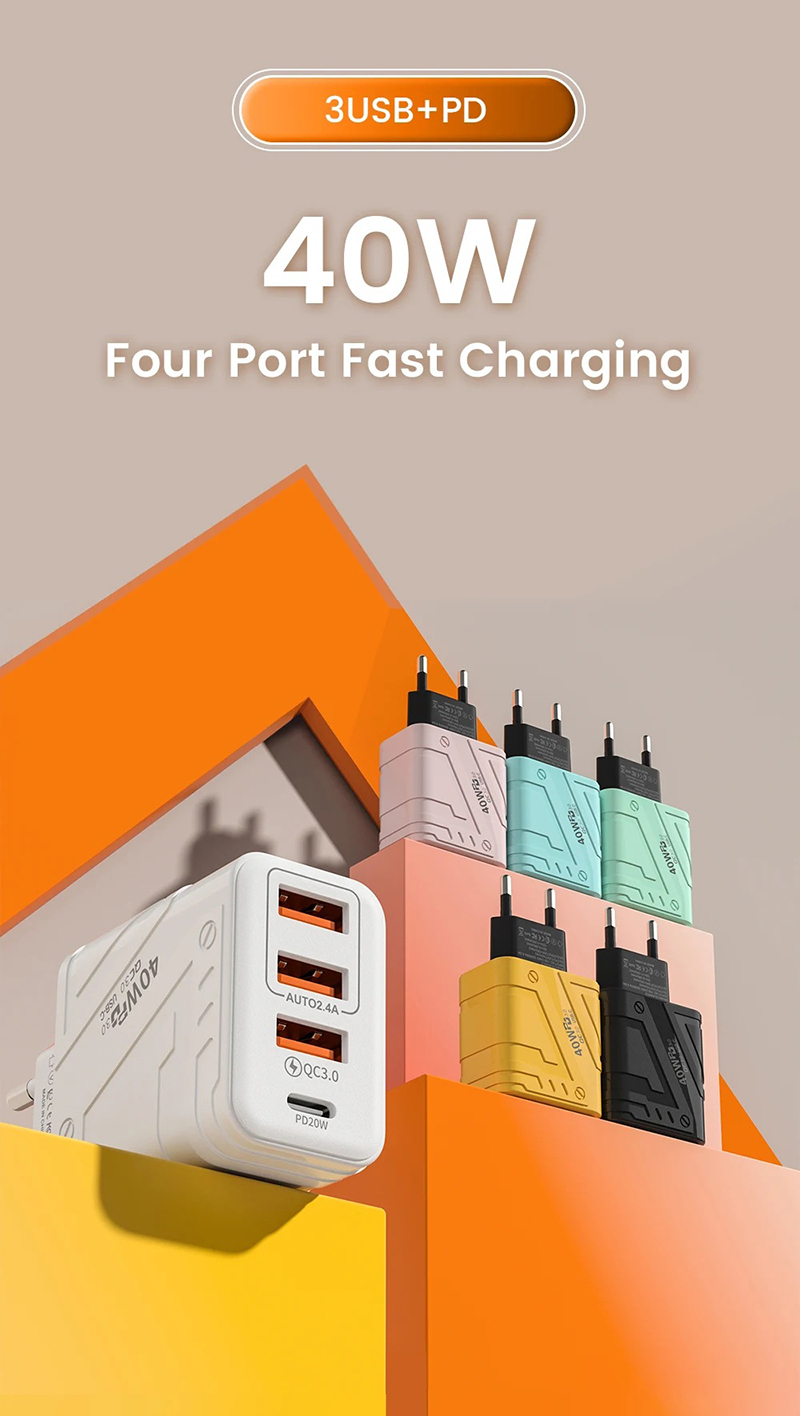 40W Multi Port Flash Charger 3USB+PD Fast Charger 5V 3A USB Type C ...