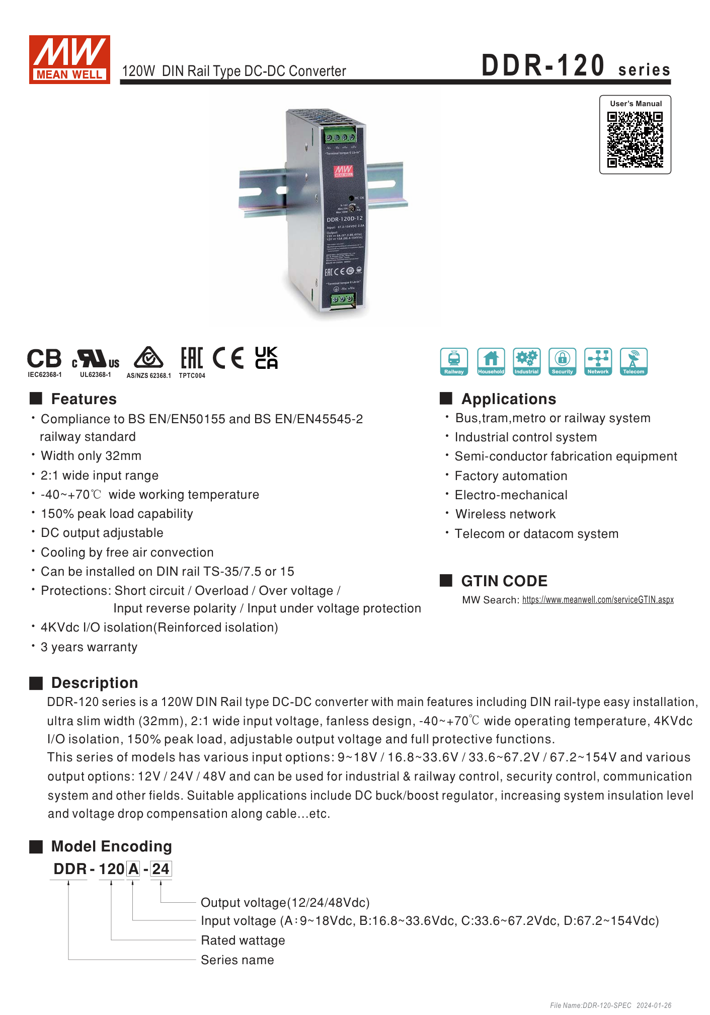 MEAN WELL DDR-120A DDR-120B DDR-120C DDR-120 DC12V DC24V Switching ...