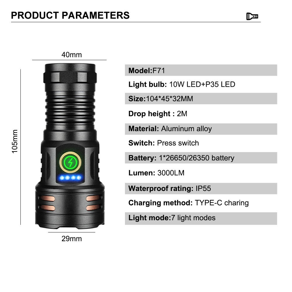 Asafee F71 Super Bright Camping Flashlight 10W P35 LED Flashlight 7 ...