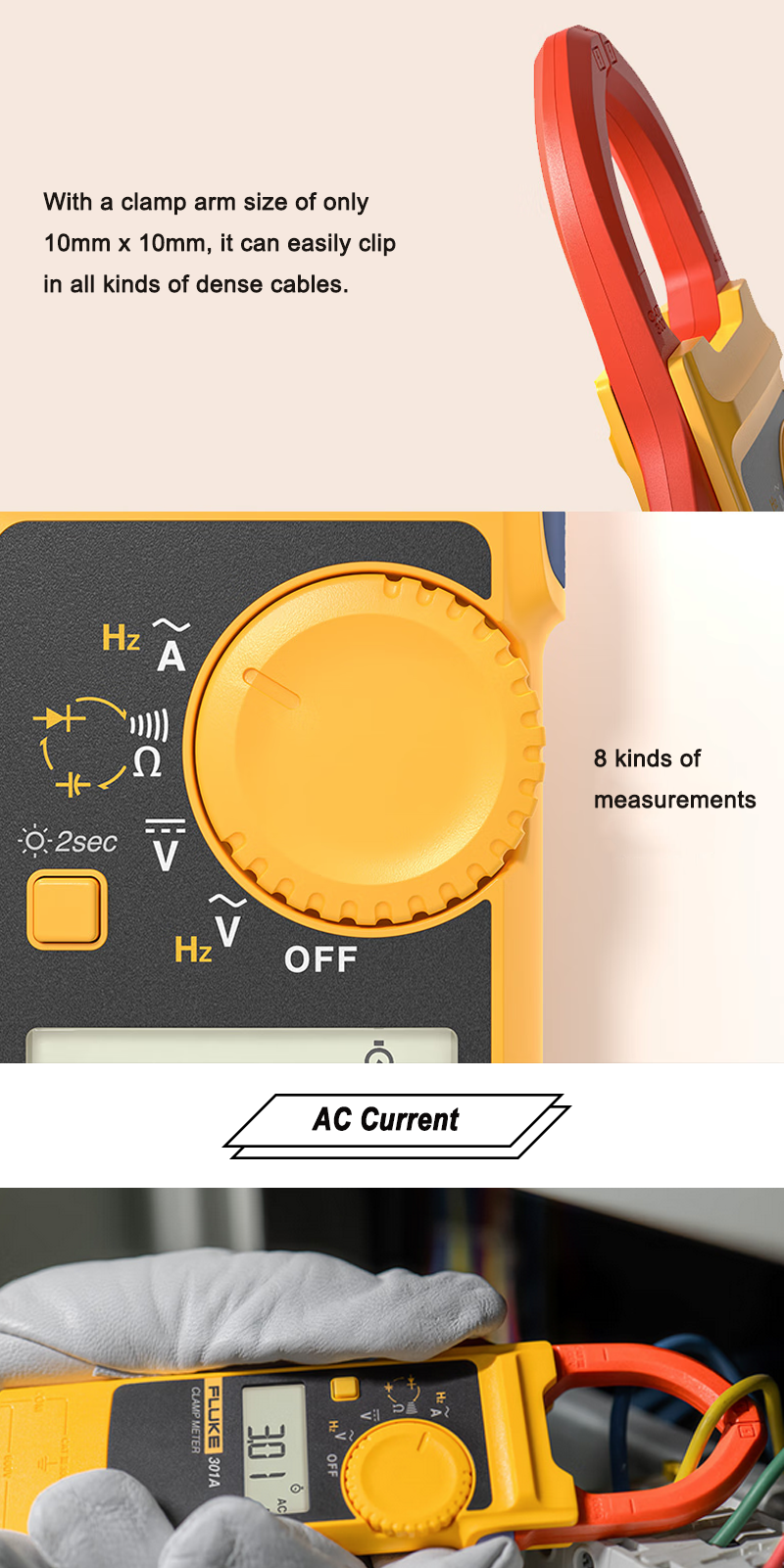Fluke 301 Clamp Meter Fluke 301A / 301B /301C /301D Clamp Meter Portable 10mm Jaw AC Current AC ...