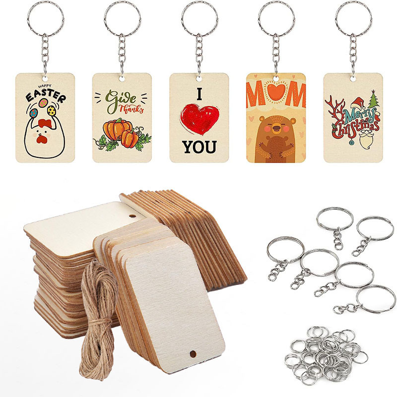 Keychain 60Pcs Rectangle Wood Blank Wooden Key Chains to Paint ...