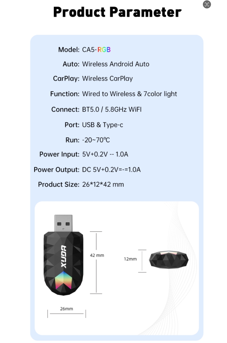 XUDA NEW 2in1 RGB Wireless CarPlay AI Mini Box Android Auto Box Plug ...
