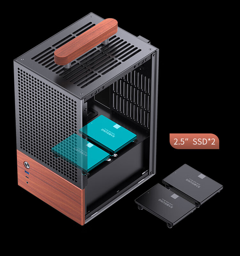 JONSBO T6 ITX Handle Case 3mm Aluminum Alloy Shell Type-C Interface Solid Wood Desktop Mini ...