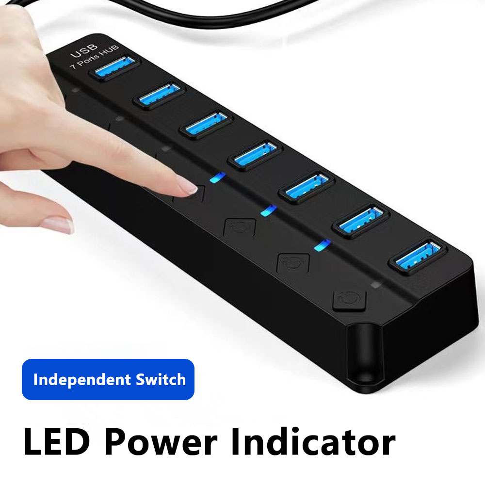 7 Port USB Hub With Individual Powered ON OFF Switch Adapter Multi Port ...
