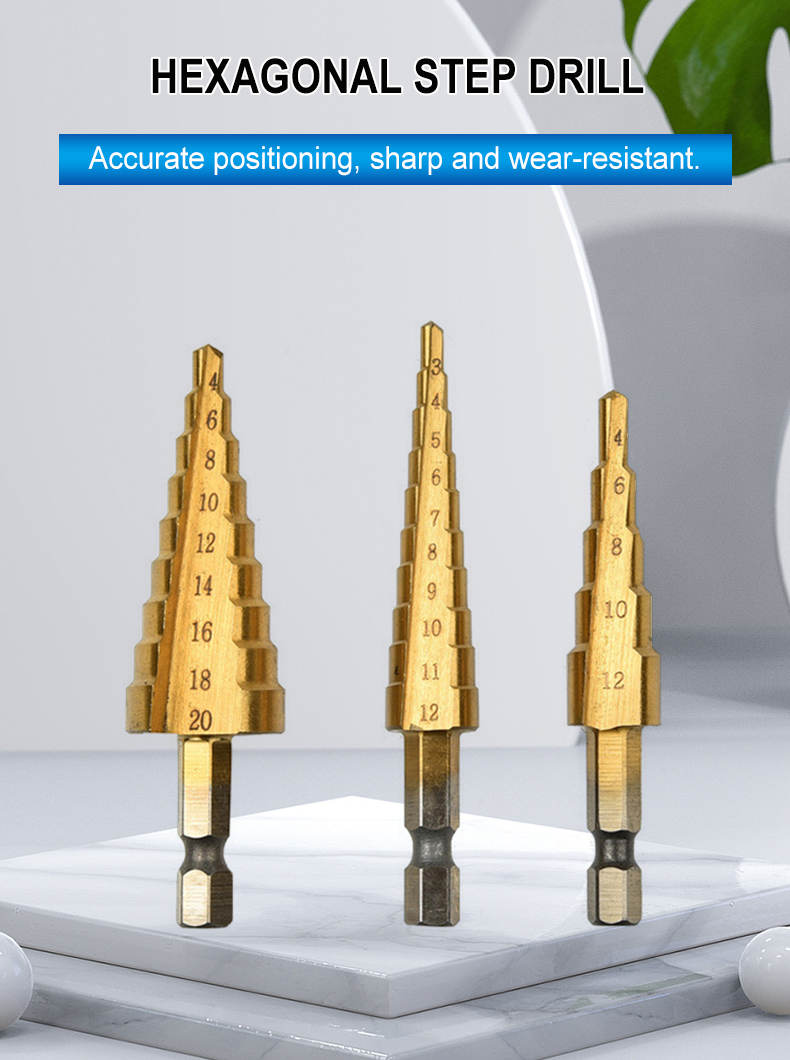 Three pieces 3-12/4-12/4-20mm Hexagon Shank Titanium-Plated Step Drill ...