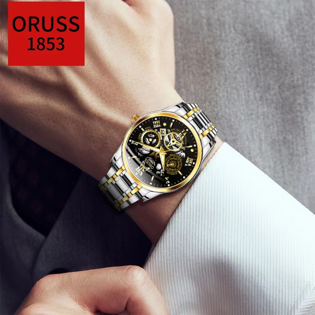 ORUSS Original Men Stainless Steel Hollow Luxury Date Silver/Gold Watch ...