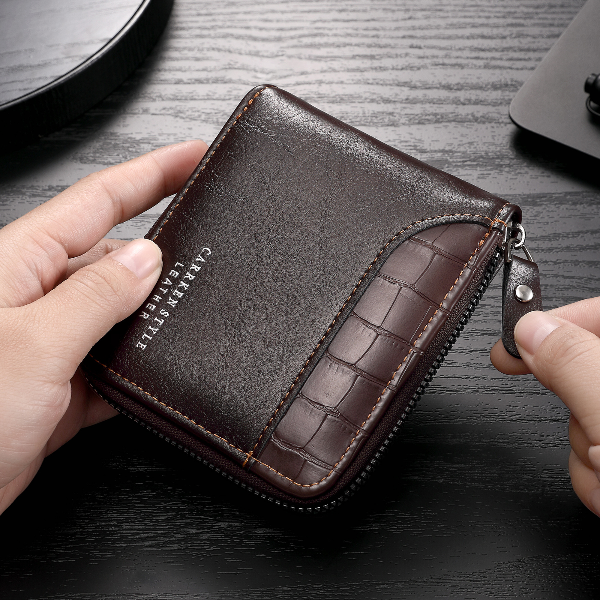Men's Color Block Zipper Wallet - Vintage PU Leather Large Capacity ...