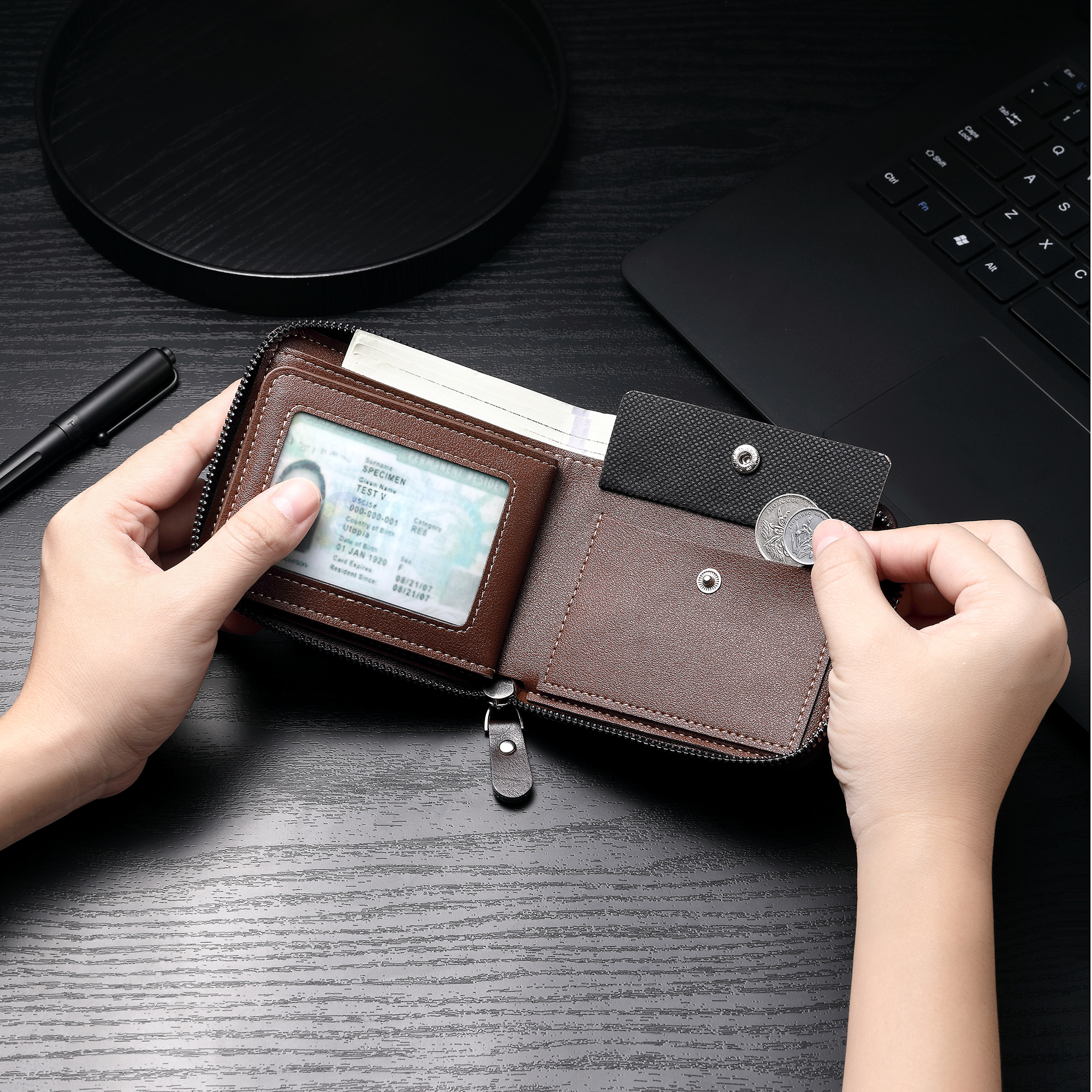 Men's Color Block Zipper Wallet - Vintage PU Leather Large Capacity ...