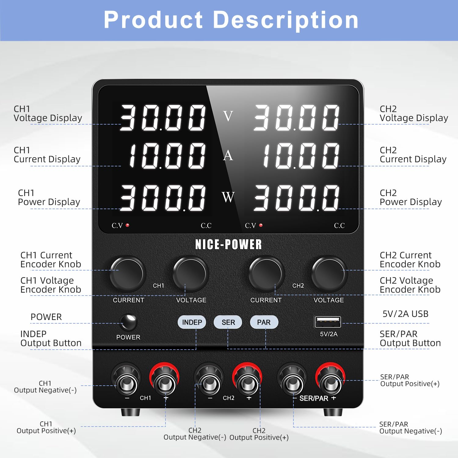 NICE-POWER Dual DC Power Supply Dual-channel Bench Source 30V 10A 12 ...