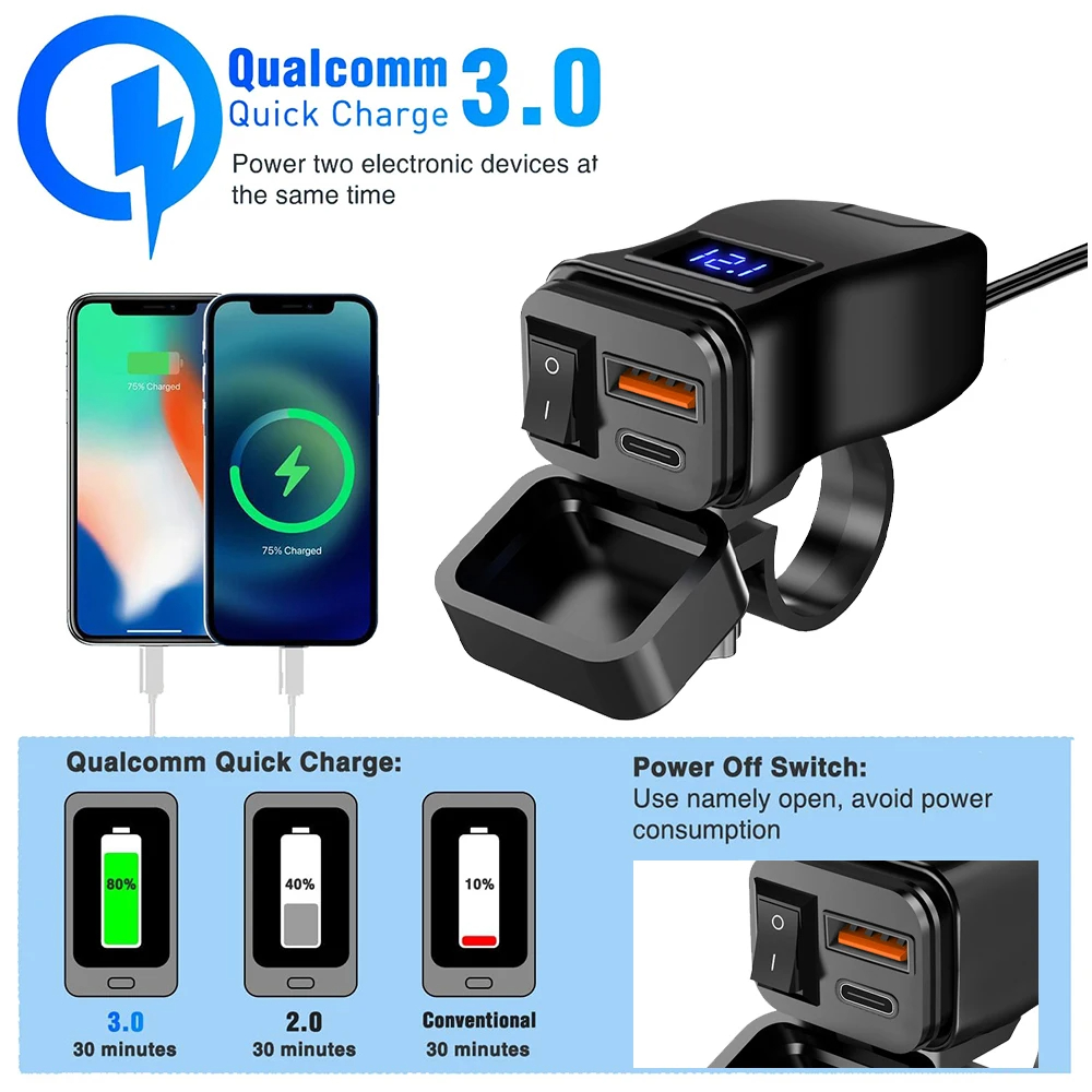PD QC3.0 Motorcycle USB Fast Cellular Charger Waterproof Type C Port ...