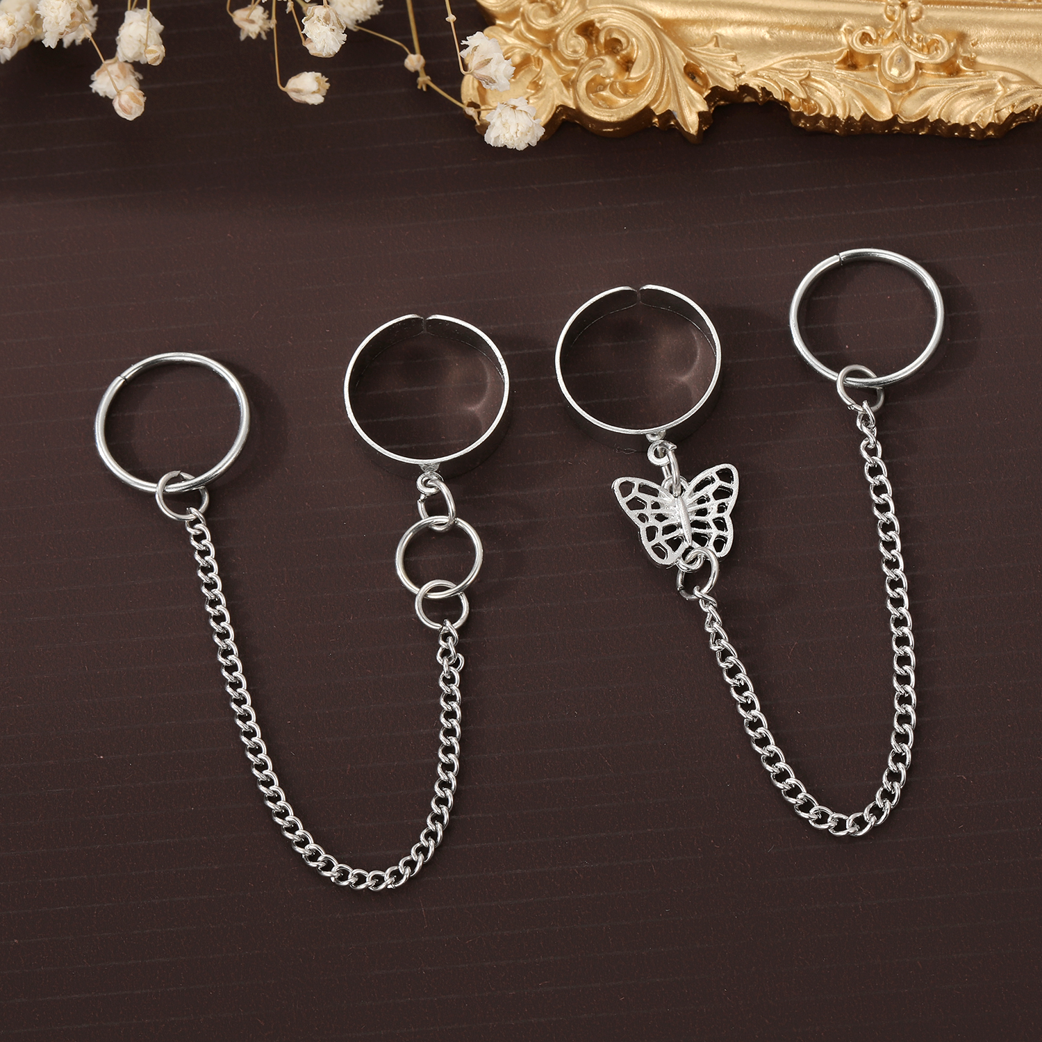 2pcs Trendy Cool Butterfly Metal Ring Chain Conjoined Ring Design Feel ...