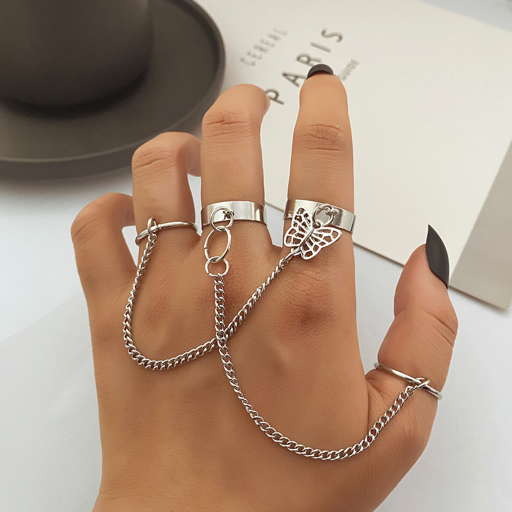 2pcs Trendy Cool Butterfly Metal Ring Chain Conjoined Ring Design Feel ...