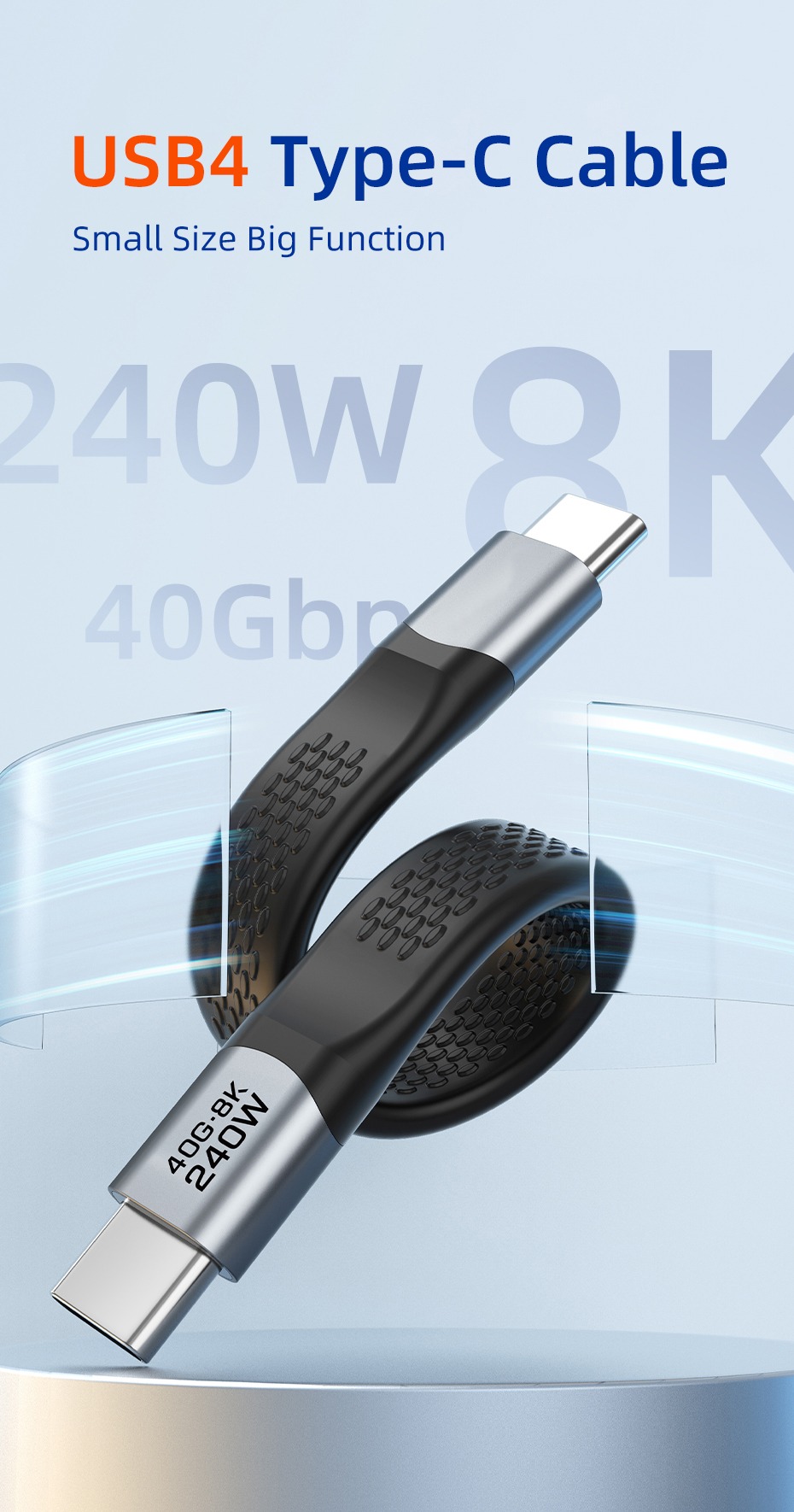 Type-C USB4.0 240W Fast Charging Flat Cable 8K 4K Video Audio Short Cable Compatible Thunderbolt ...