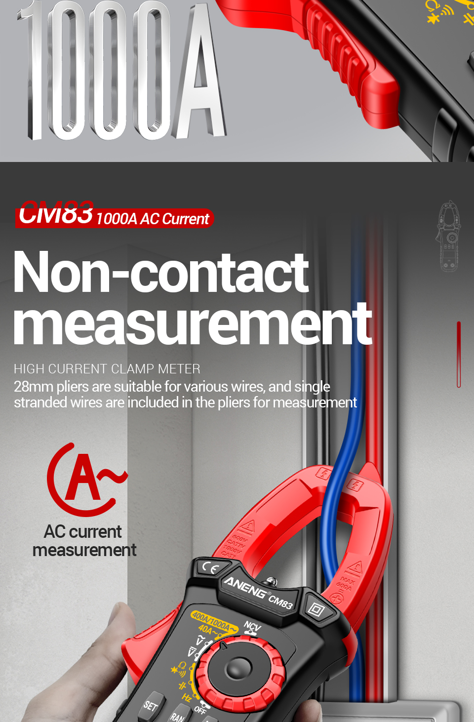 ANENG CM83 Digital Clamp Meter 1000A AC Current Capacitance 4000 Count ...