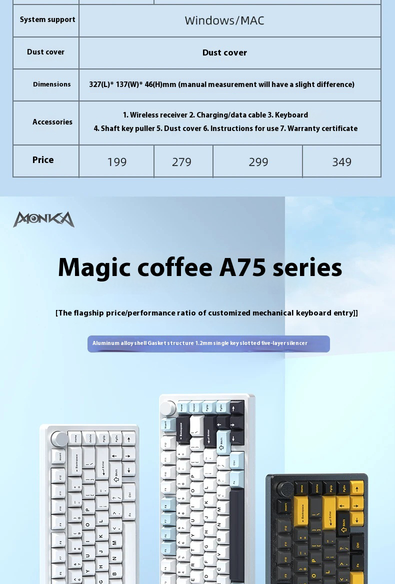 Monka A75 Mechanical Keyboard Three Mode Aluminium Alloy Custom ...