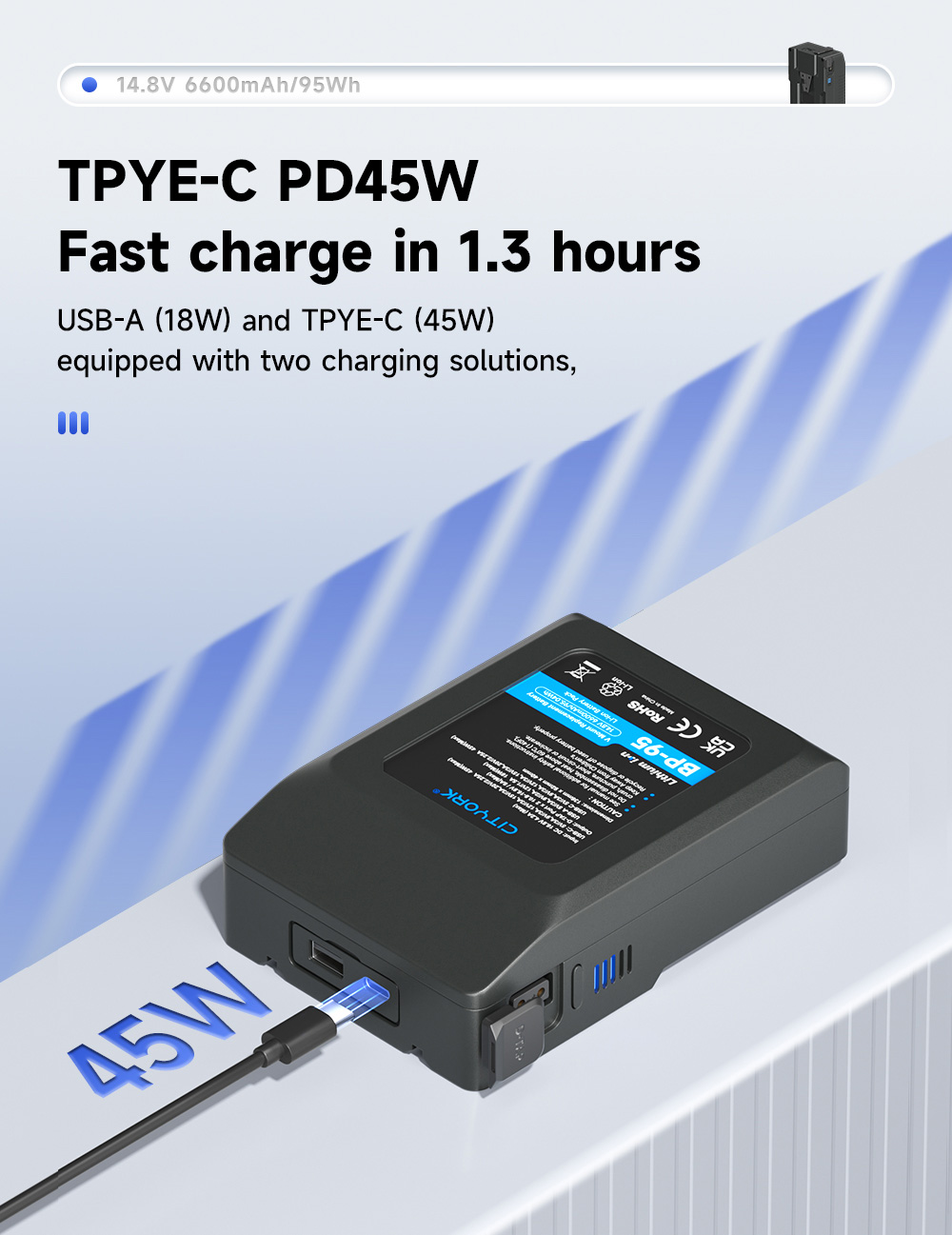 Cityork V Mount V-Lock 6600mAh 95Wh Rechargeable Battery With USB 14.8V ...