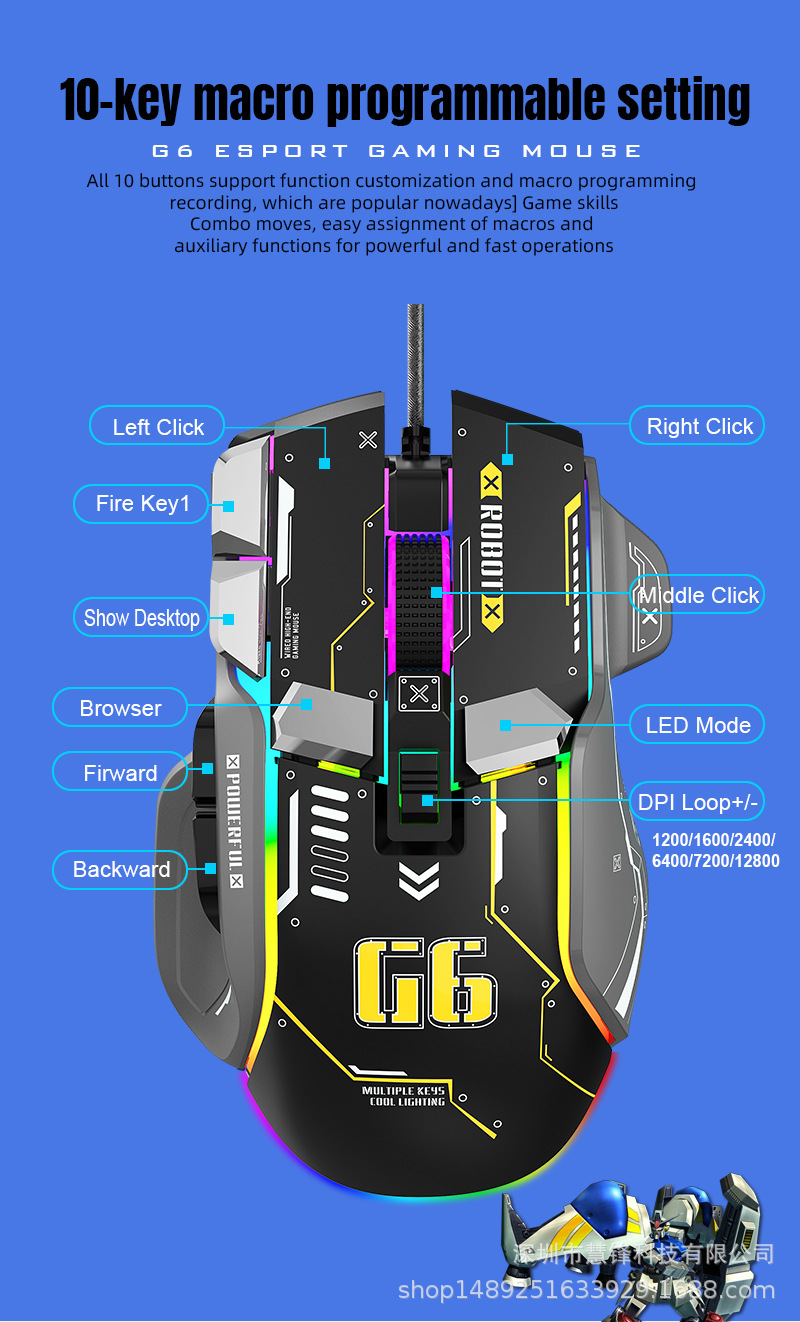 【Ready Stock】Mechanical Gaming Mouse Wired 12800DPI Gundam Ergonomic 10 ...