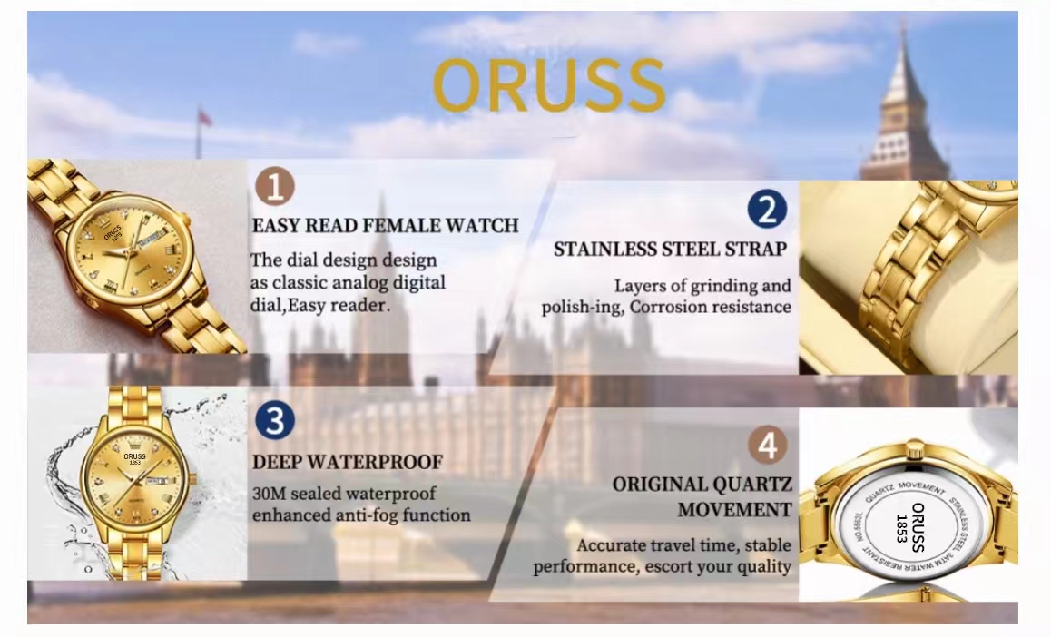 ORUSS Original Women/Men Stainless Steel Dual Calendar Waterproof ...