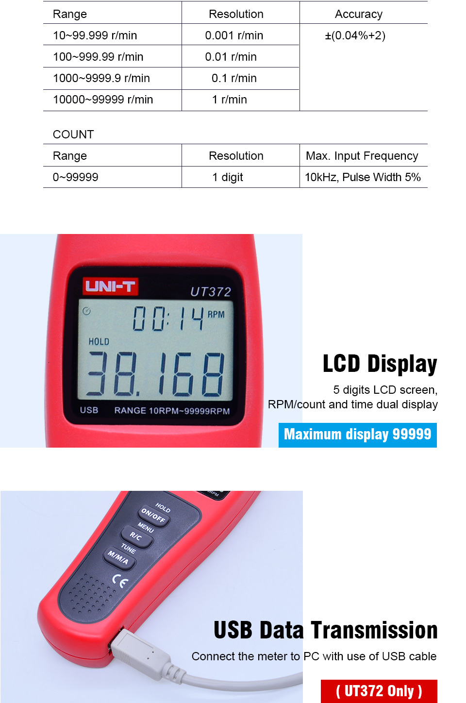 UNI-T UT371 UT372 Non-contact Digital Laser Tachometer Non Contact Laser RPM Tachometer | Shopee ...
