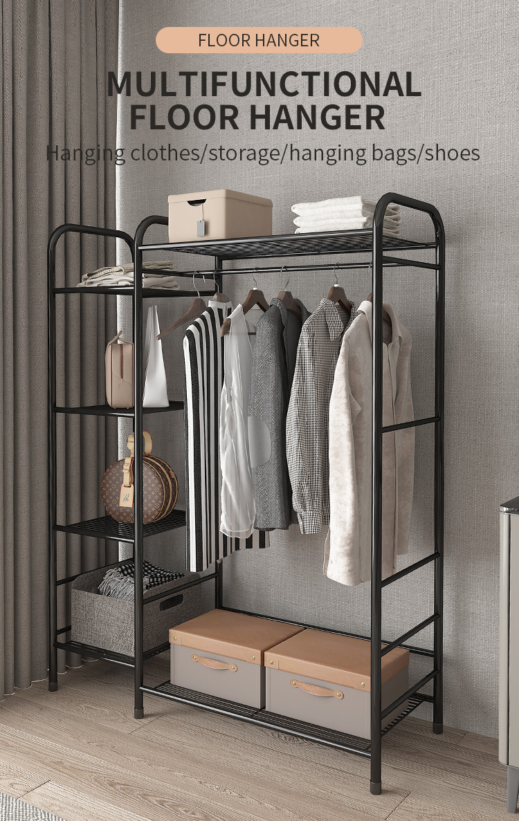 3 Pole Clothes Hanging Rack Organizer Open Wardrobe Laundry Rack With Rollers Rak Baju Besi ...