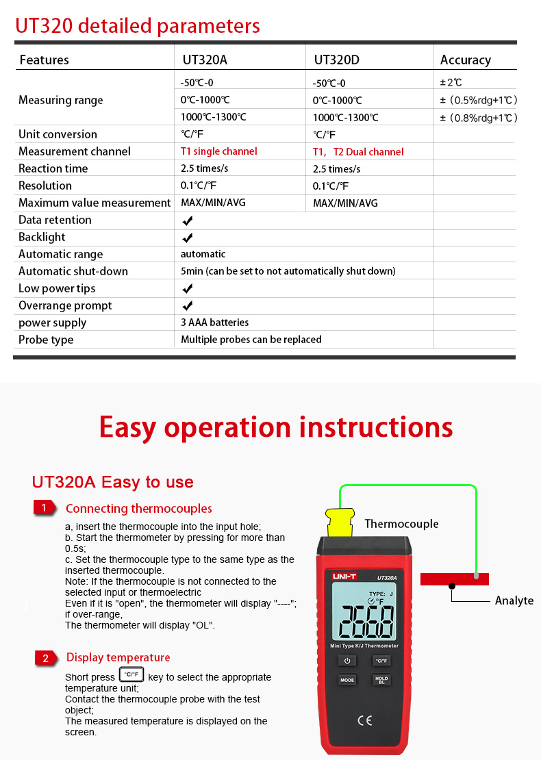 UNI-T Digital Thermometer Thermocouple UT320D UT320A Mini Contact Type ...