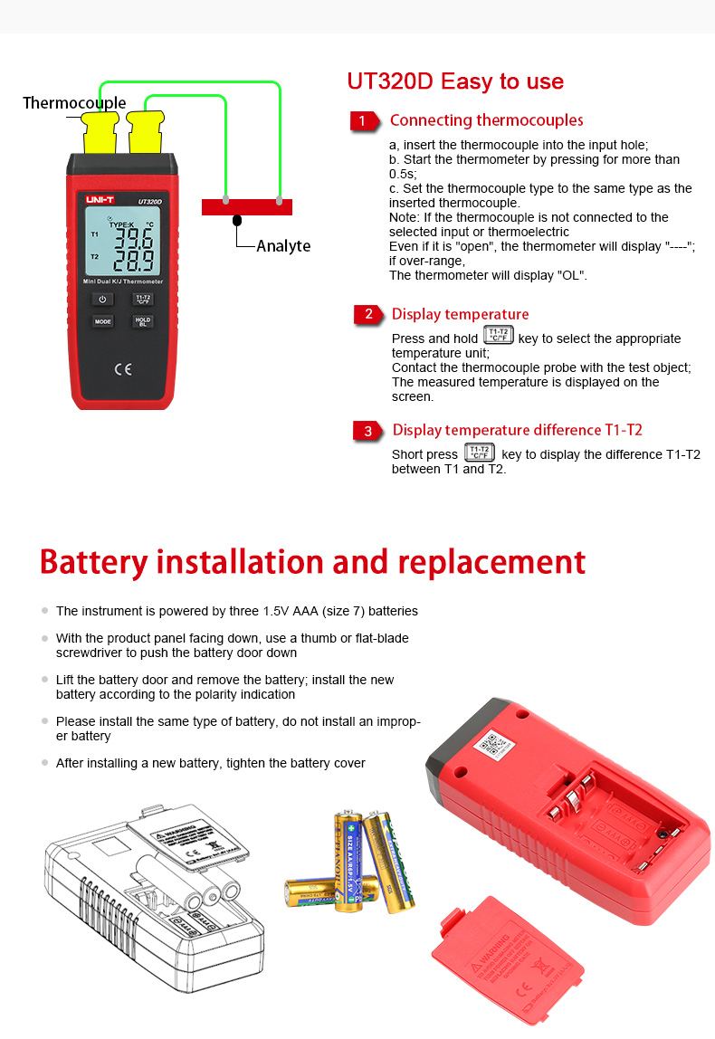 UNI-T Digital Thermometer Thermocouple UT320D UT320A Mini Contact Type ...