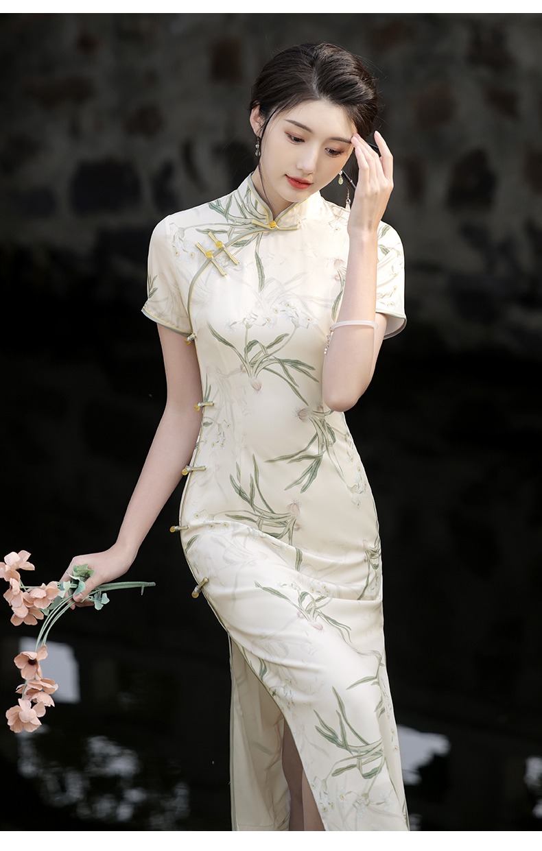 Dress Long Cheongsam 2024 Modern for Women with Side Slit Short Sleeve ...