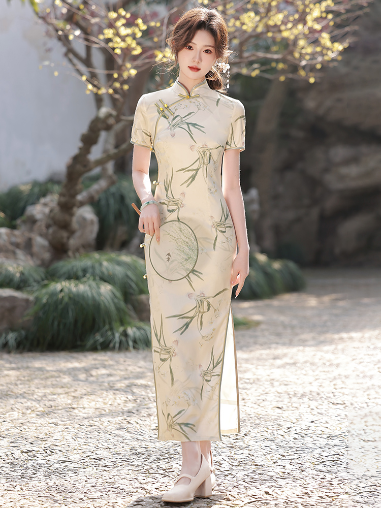 Dress Long Cheongsam 2024 Modern for Women with Side Slit Short Sleeve ...