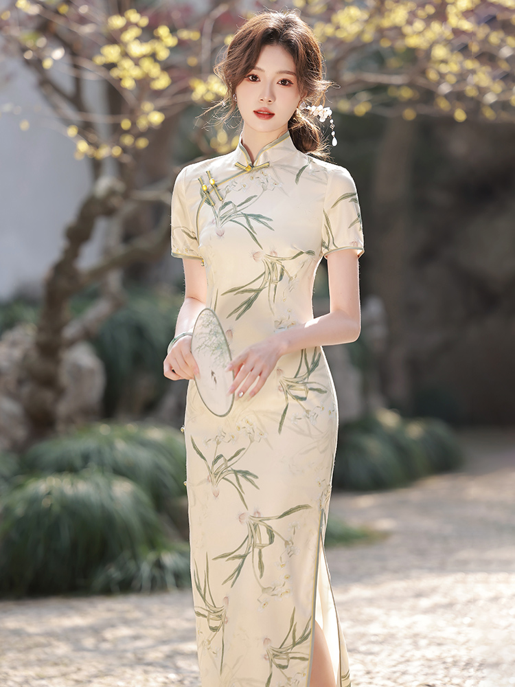 Dress Long Cheongsam 2024 Modern for Women with Side Slit Short Sleeve ...