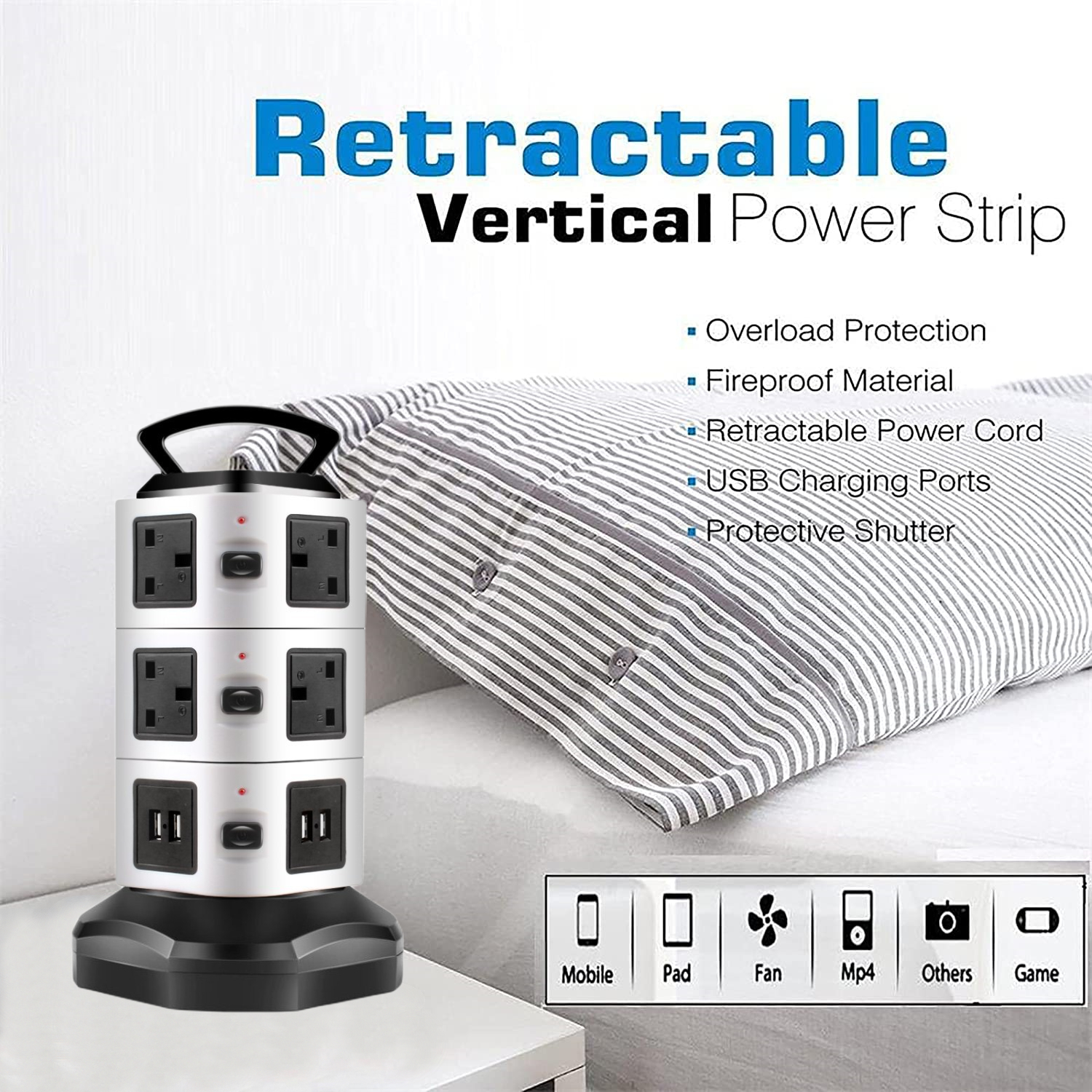 Power Extension Vertical/Tower Socket Surge Protector,2M Cord Extension ...
