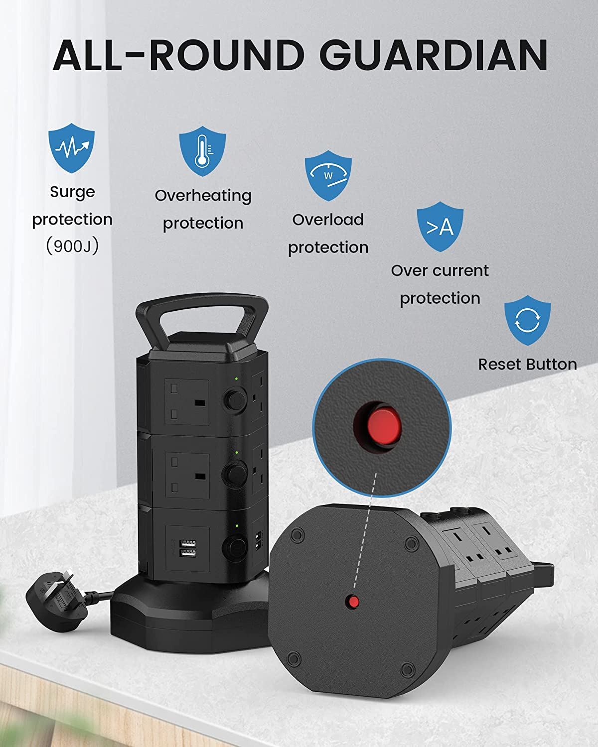 Power Extension Vertical Tower Socket Surge Protector 2m Cord Extension Plug Power Socket With