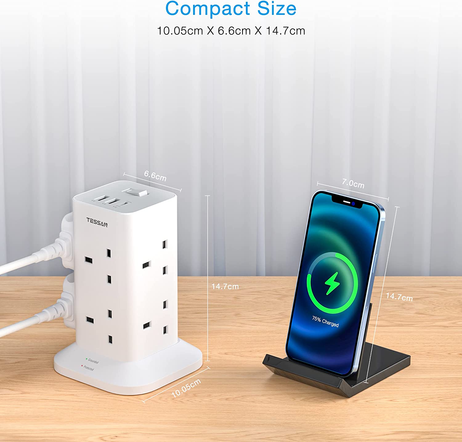 Power Extension Vertical/Tower Socket Surge Protector,2M Cord Extension ...
